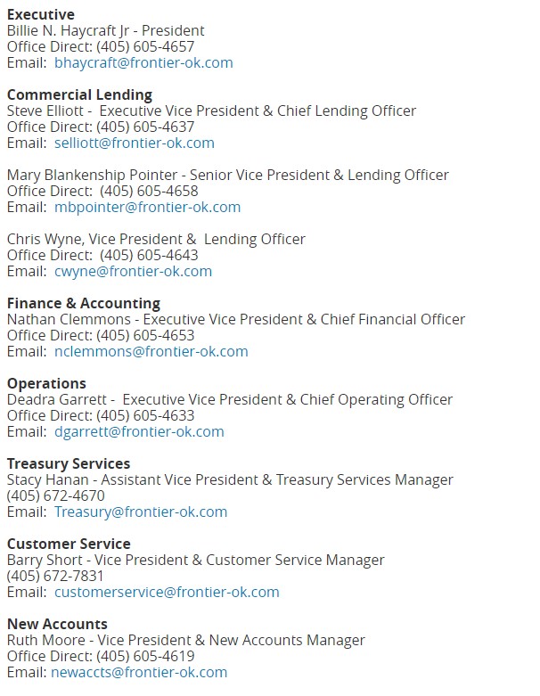 Departmental Contacts :: Frontier State Bank